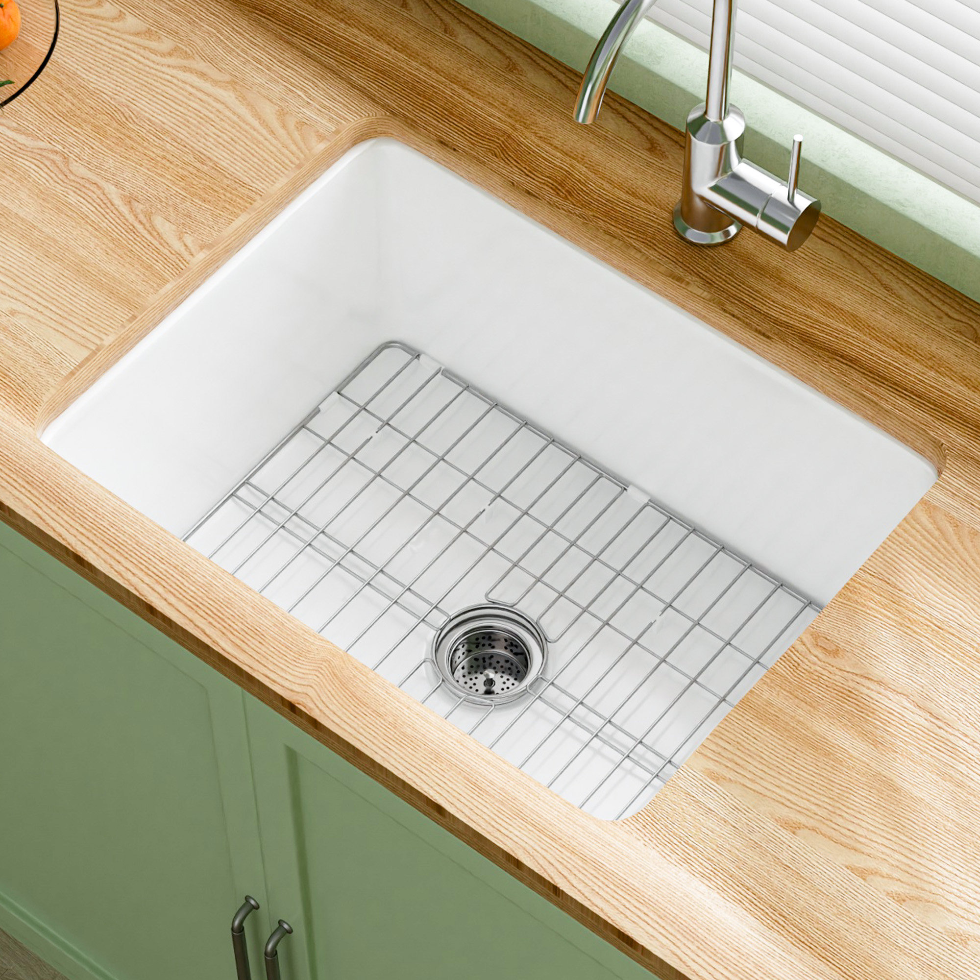 Aguamaph 24" L x 19" W Single Bowl Fireclay Kitchen White Sinks with Bottom Grids and Basket ...